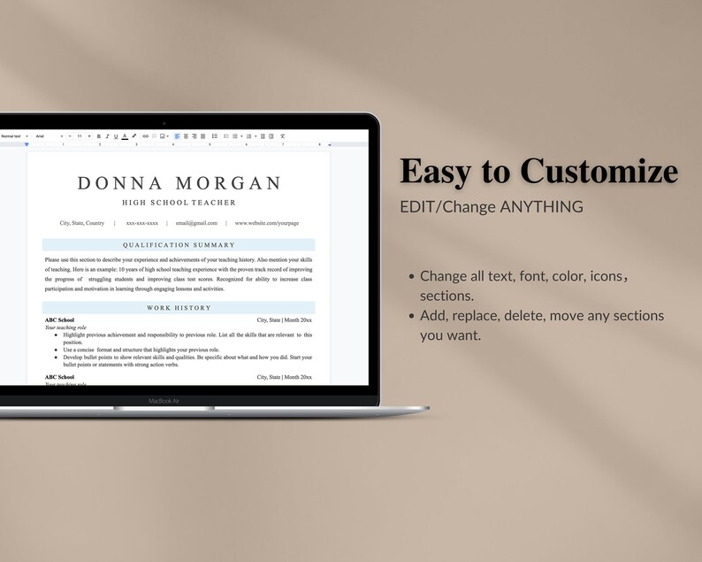 Teacher Resume Template for Google Docs Teacher Cover Letter | Etsy