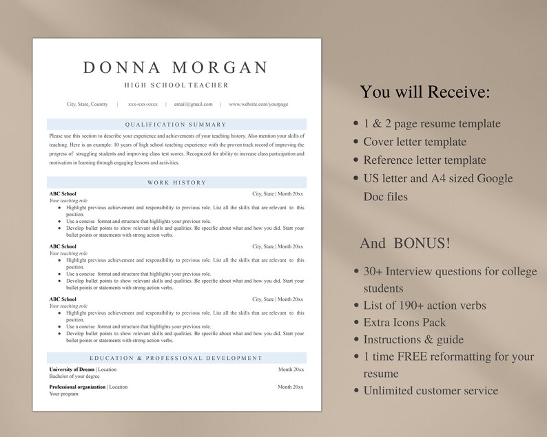 Teacher Resume Template for Google Docs, Teacher Cover Letter ...