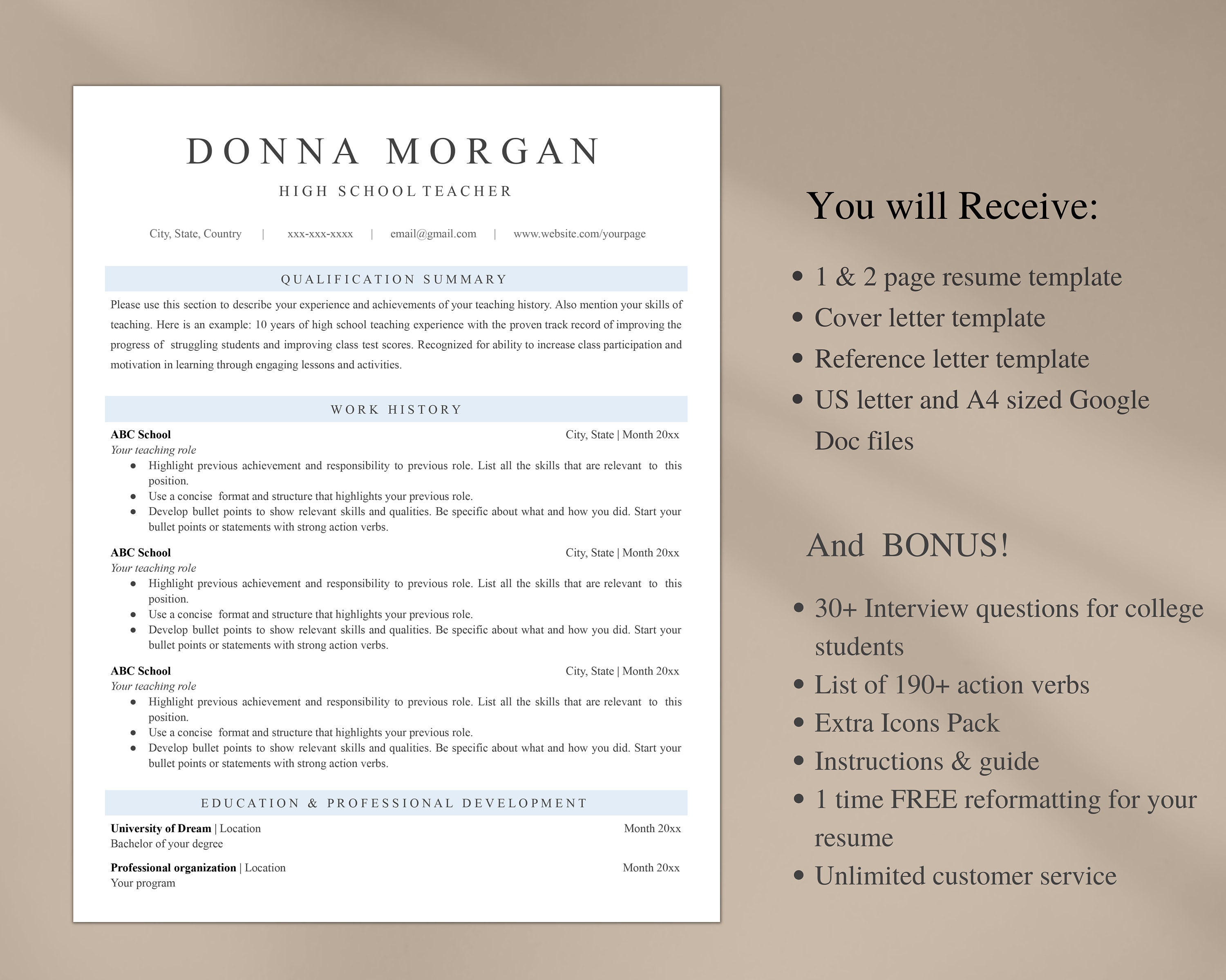 Teacher Resume Template for Google Docs, Teacher Cover Letter ...