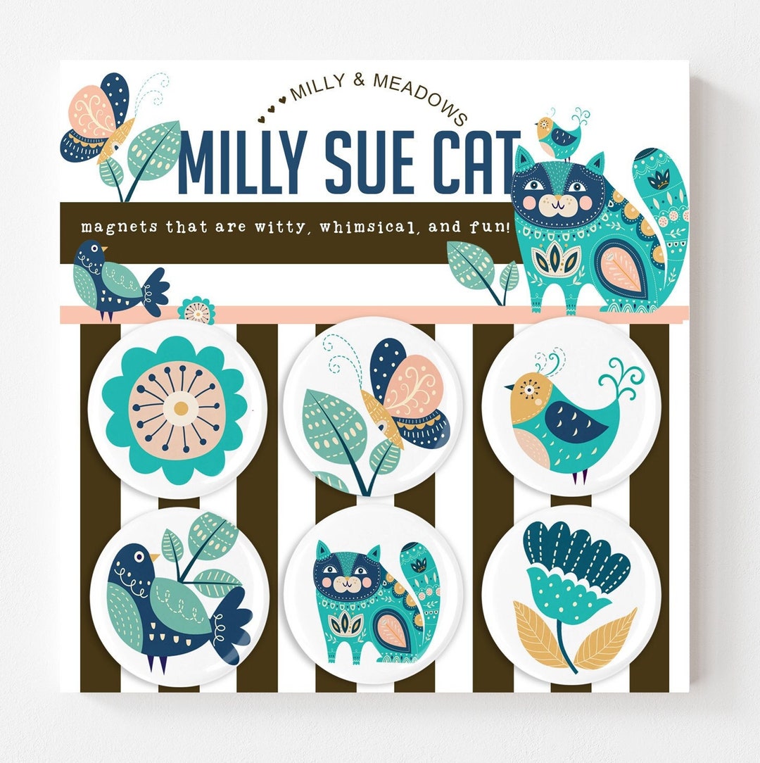 Milly Cat Magnets, Cat Magnet Set, Butterfly Magnets, Bird Magnet Gift ...