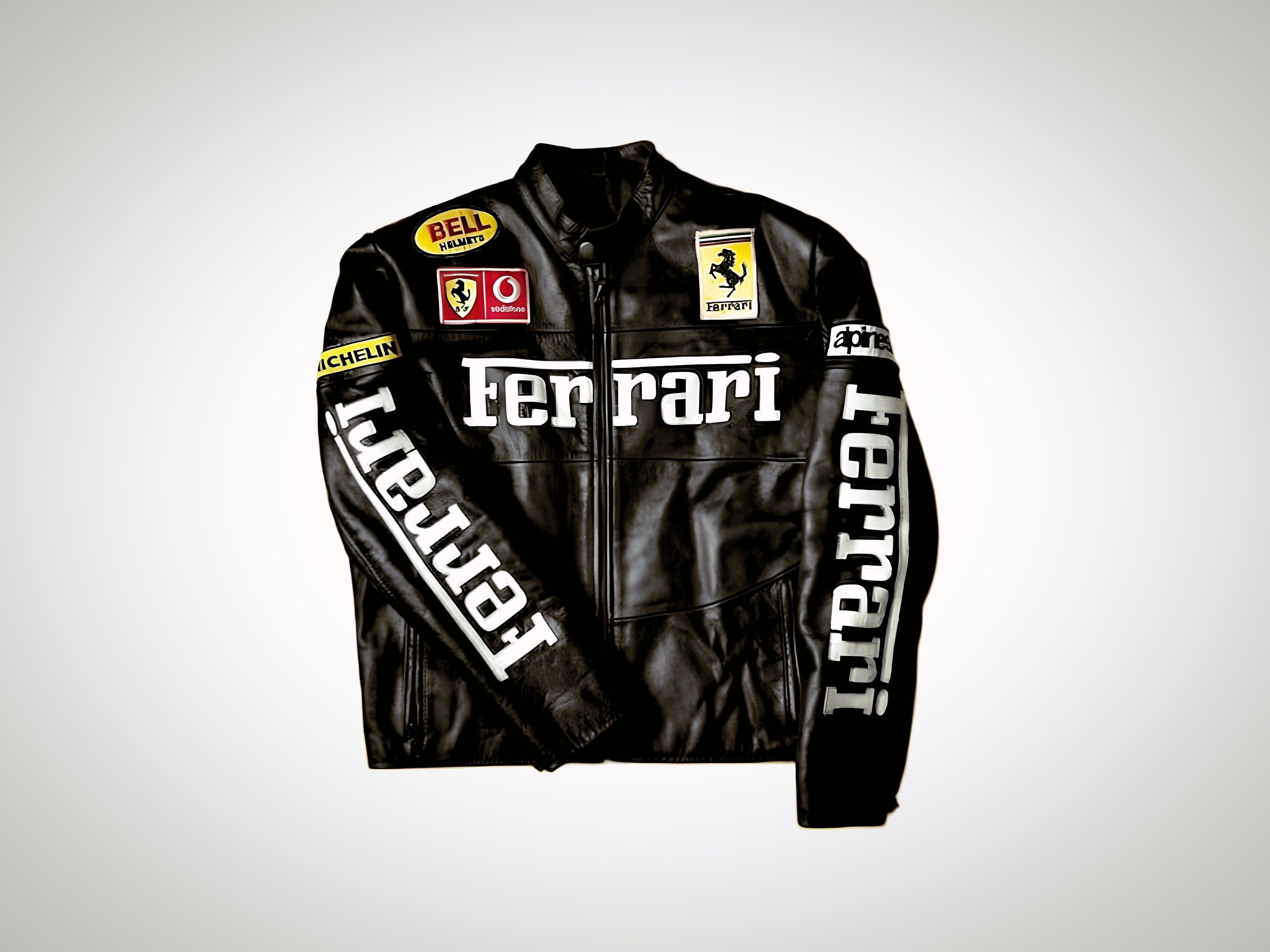 Vintage F1 Racing Black Ferrari Jacket Cowhide Leather Retro Fashion ...