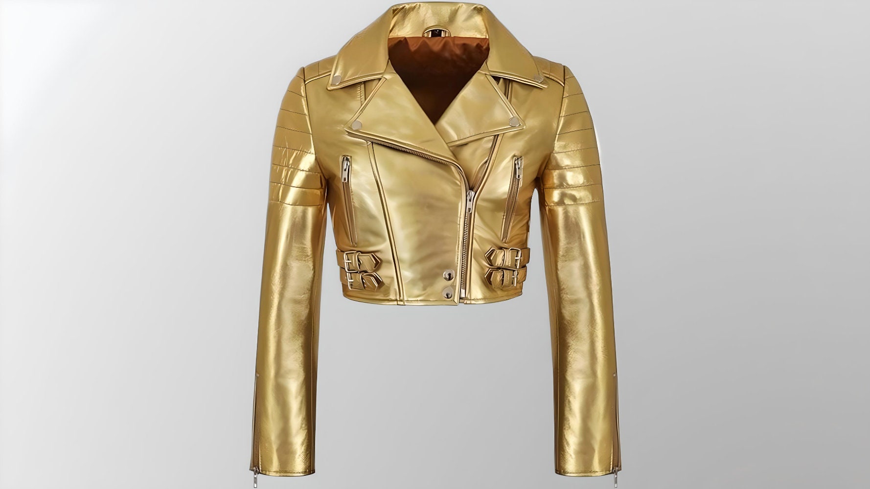 Womens Gold Metallic Crop Jacket Chic Leather Trendy Fashion Biker ...