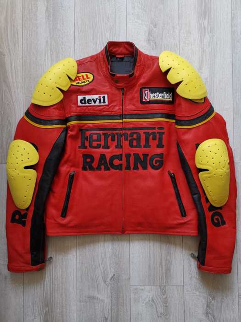 F1 Racing Ferrari Jacket Red Cowhide Leather Retro Fashion Formula Man ...