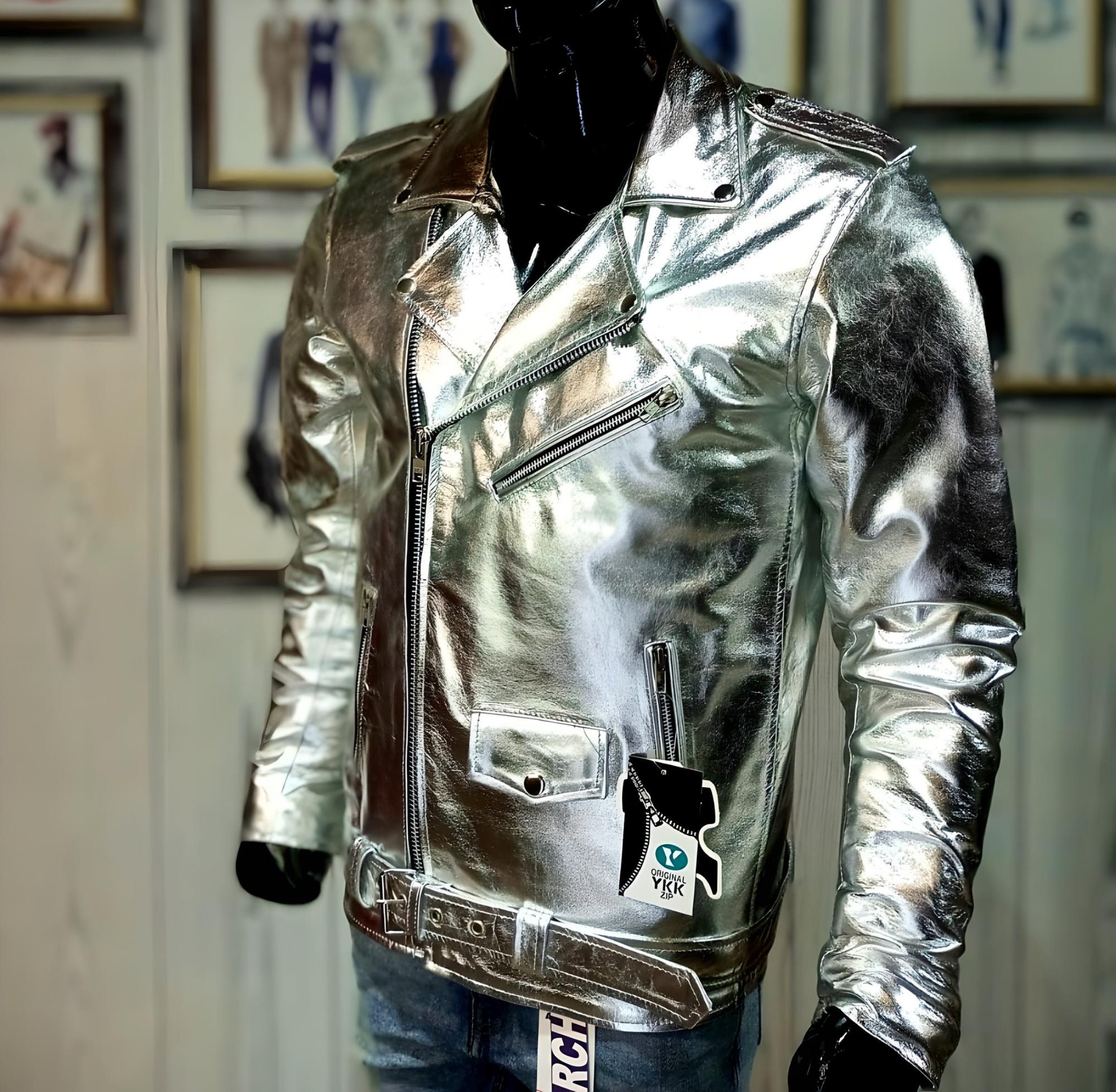 Silver Jacket Mens Metallic Leather Biker Coat Shiny Fashion Moto Style ...