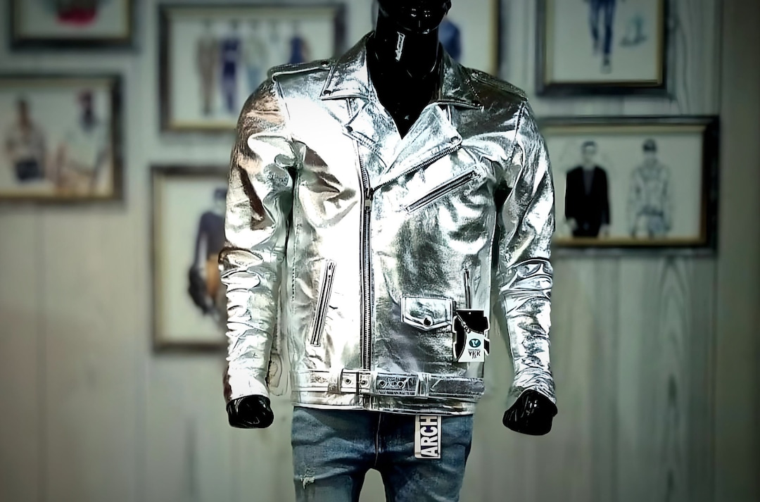 Silver Jacket Mens Metallic Leather Biker Coat Shiny Fashion Moto Style ...