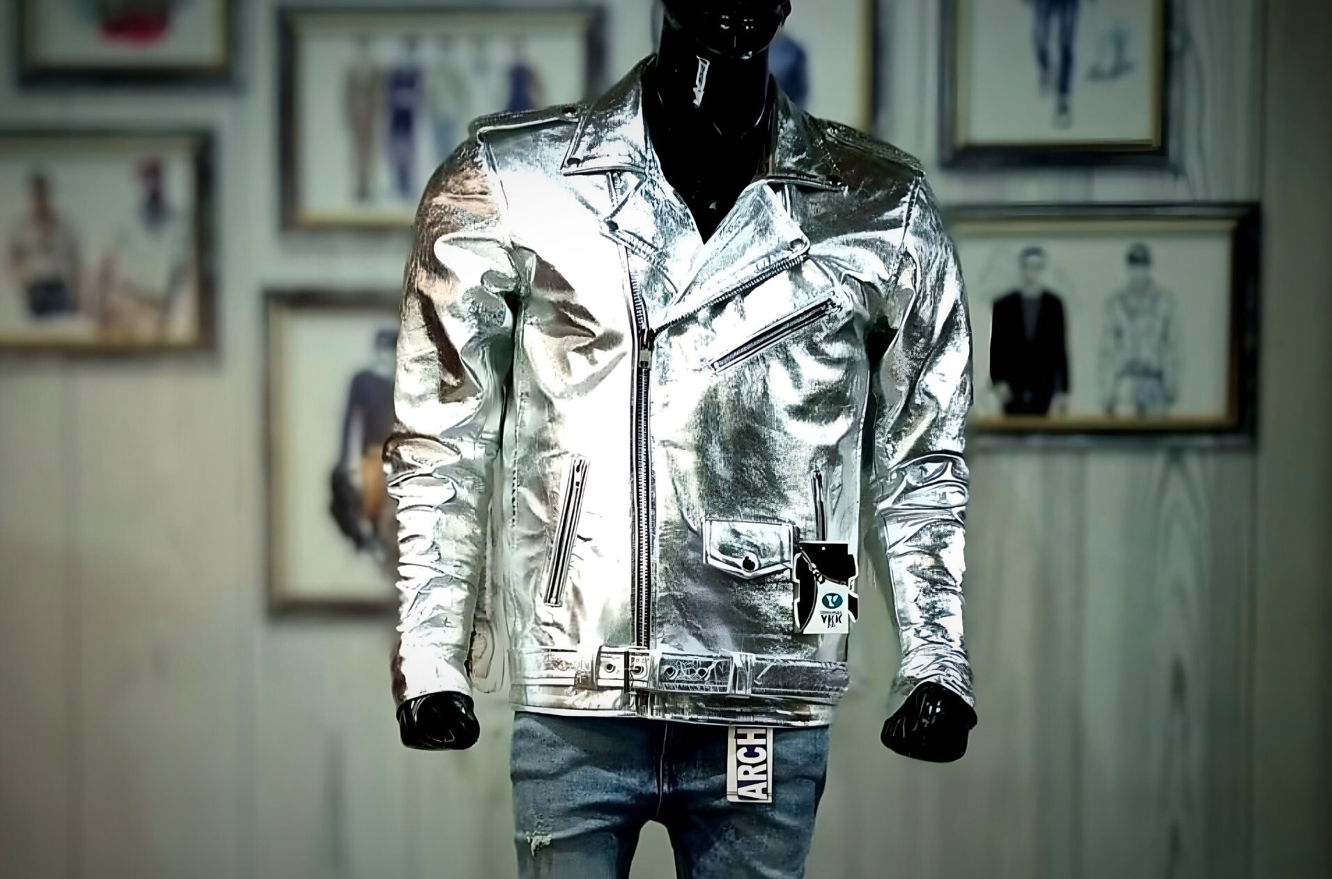 Silver Jacket Mens Metallic Leather Biker Coat Shiny Fashion Moto Style ...