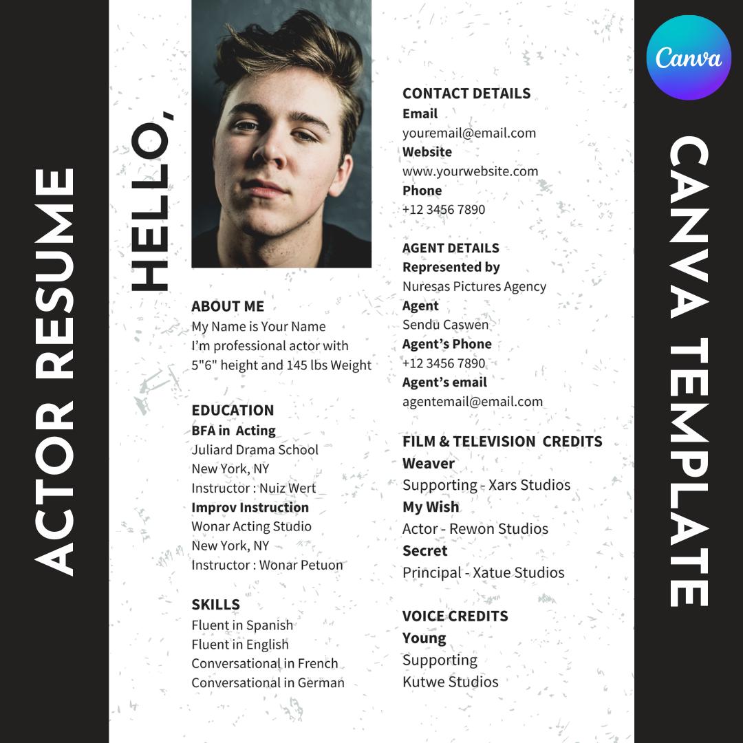 Actor Resume Canva Template, Acting Resumes, Editable Resume, Stunt ...