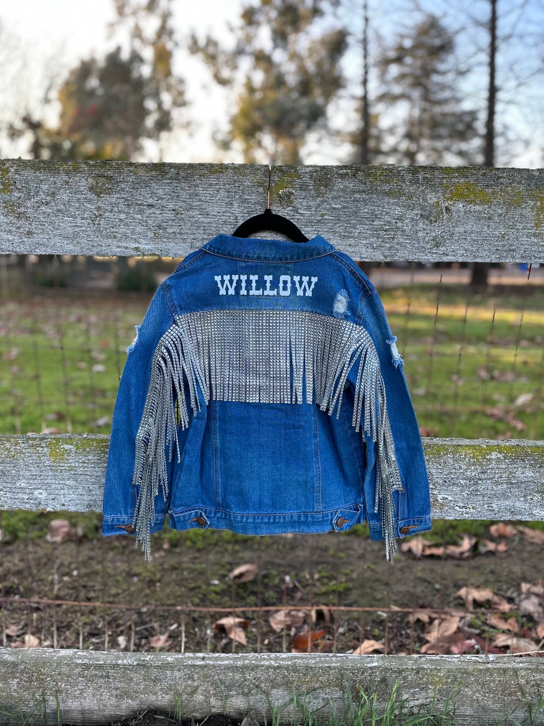 Girls Distressed Fringe Jean Jacket | Rhinestone Fringe Jean Jacket ...