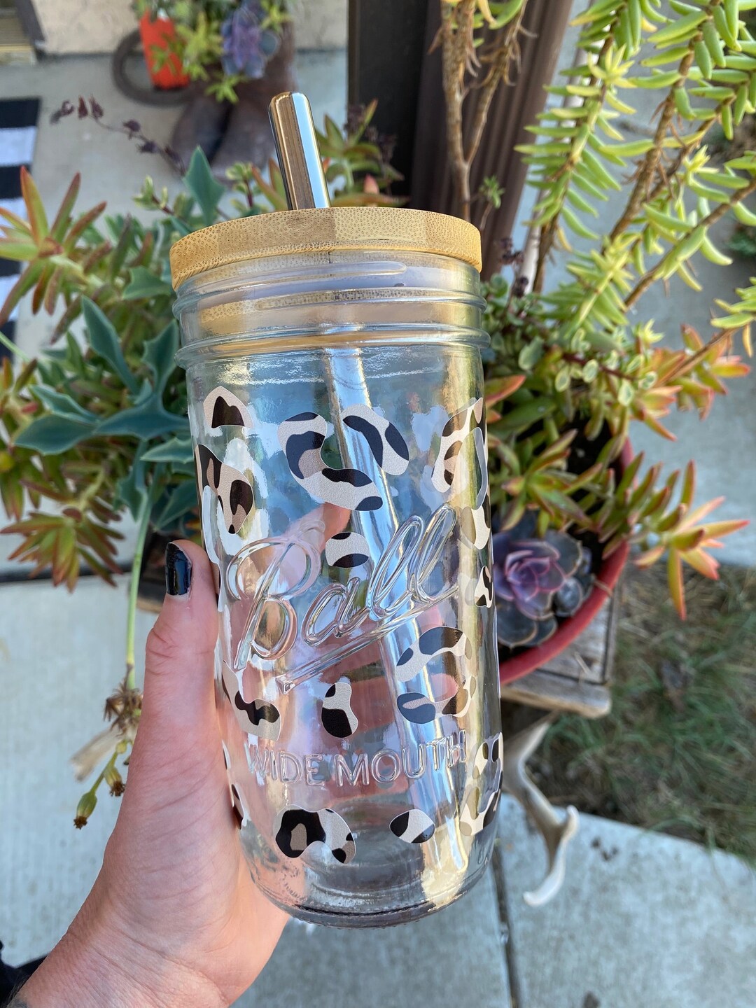 Glasbecher mit Bambusstroh & Deckel Eiskaffeetasse Leopard Glas Becher ...