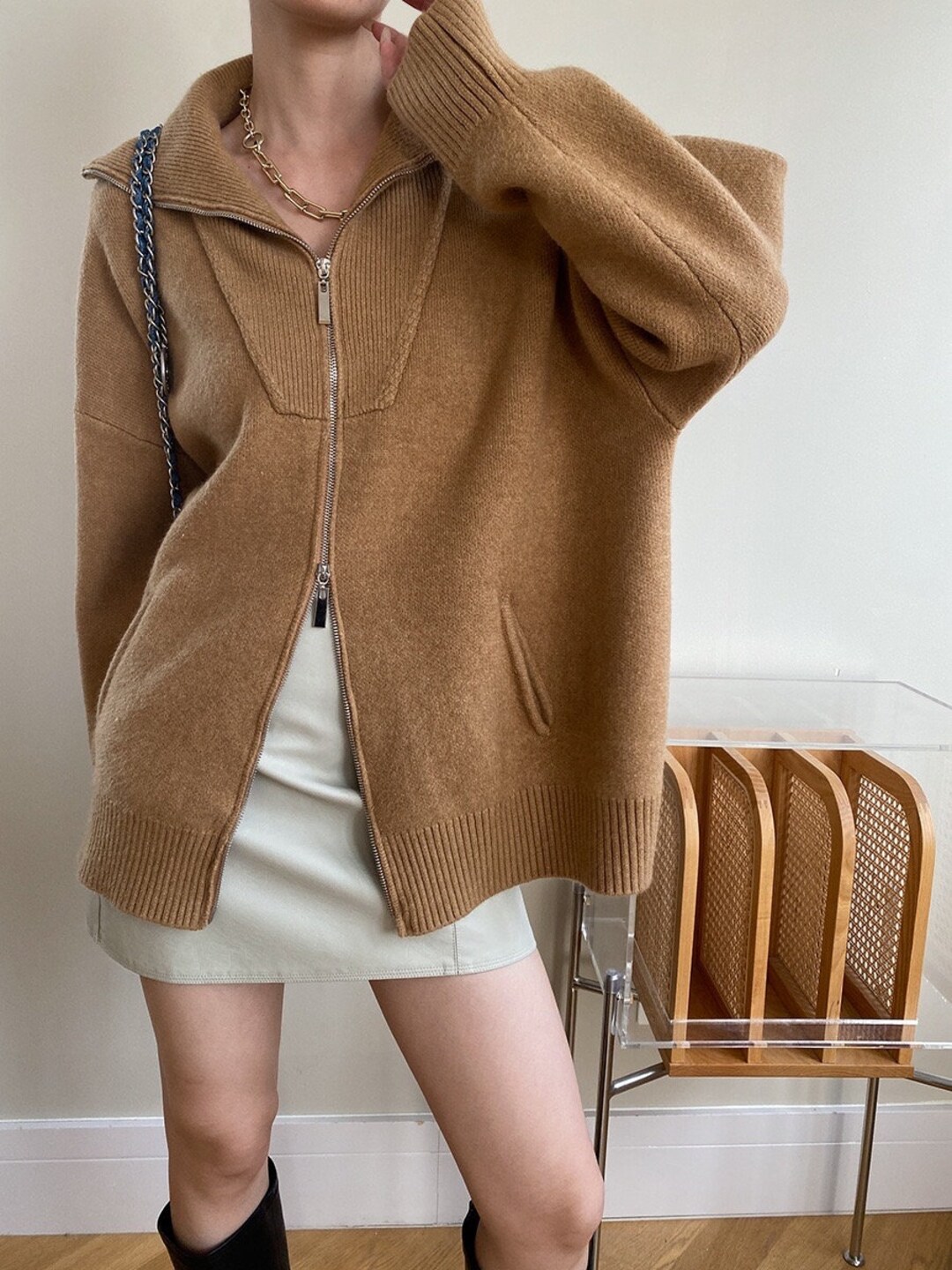 Woman Double Zip Through Loose Fitting Chic Cardigan Sweater one Size ...