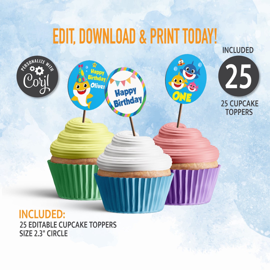 EDITABLE Shark Birthday Cupcake Toppers, Shark Party Decorations, Shark ...