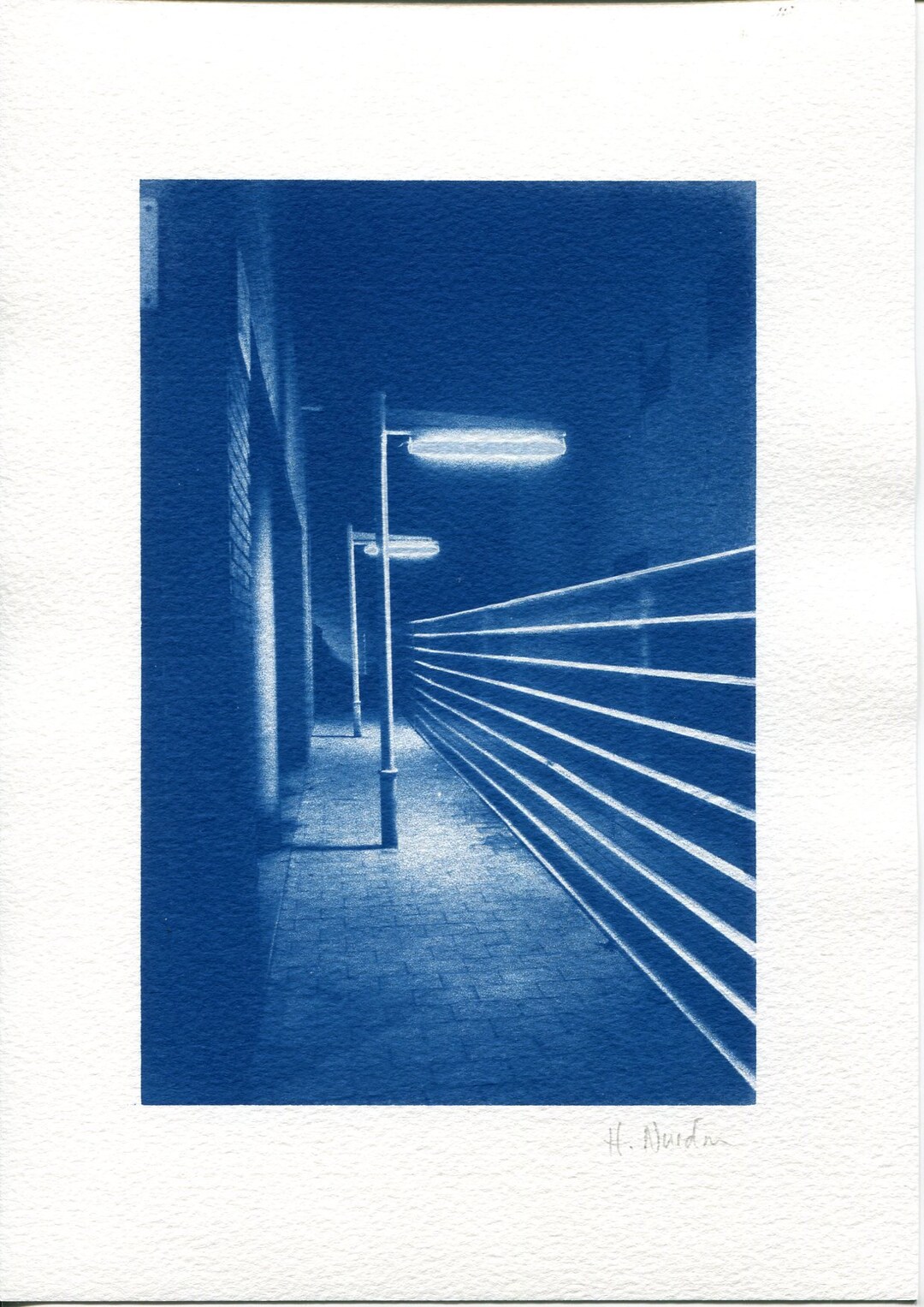 Cyanotype Print of Streetlights Outside an Apartment Building, From an ...