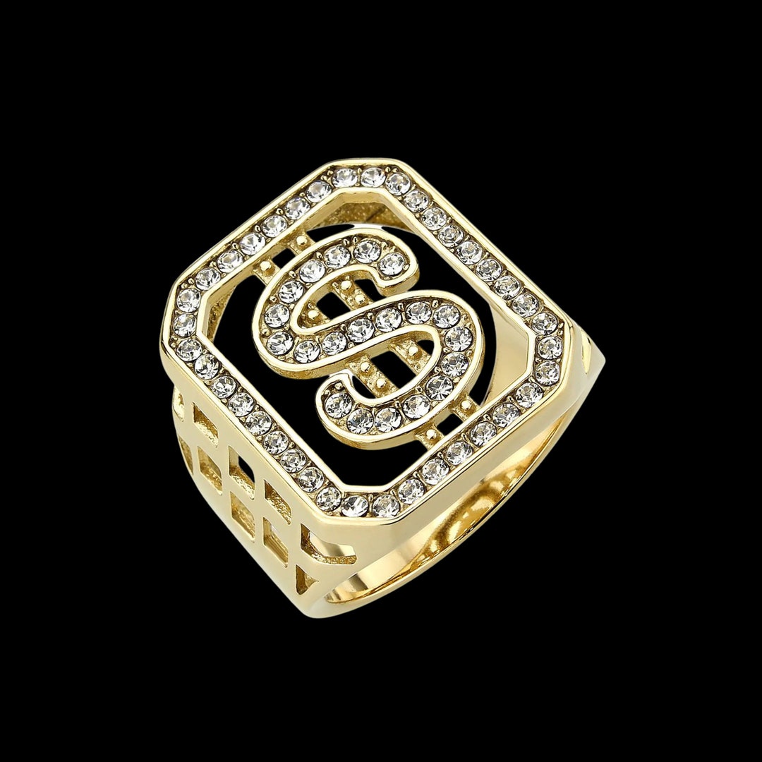 Gold Plated Dollar Sign Ring With Crystal Stones, Hip Hop Rappers Bling ...