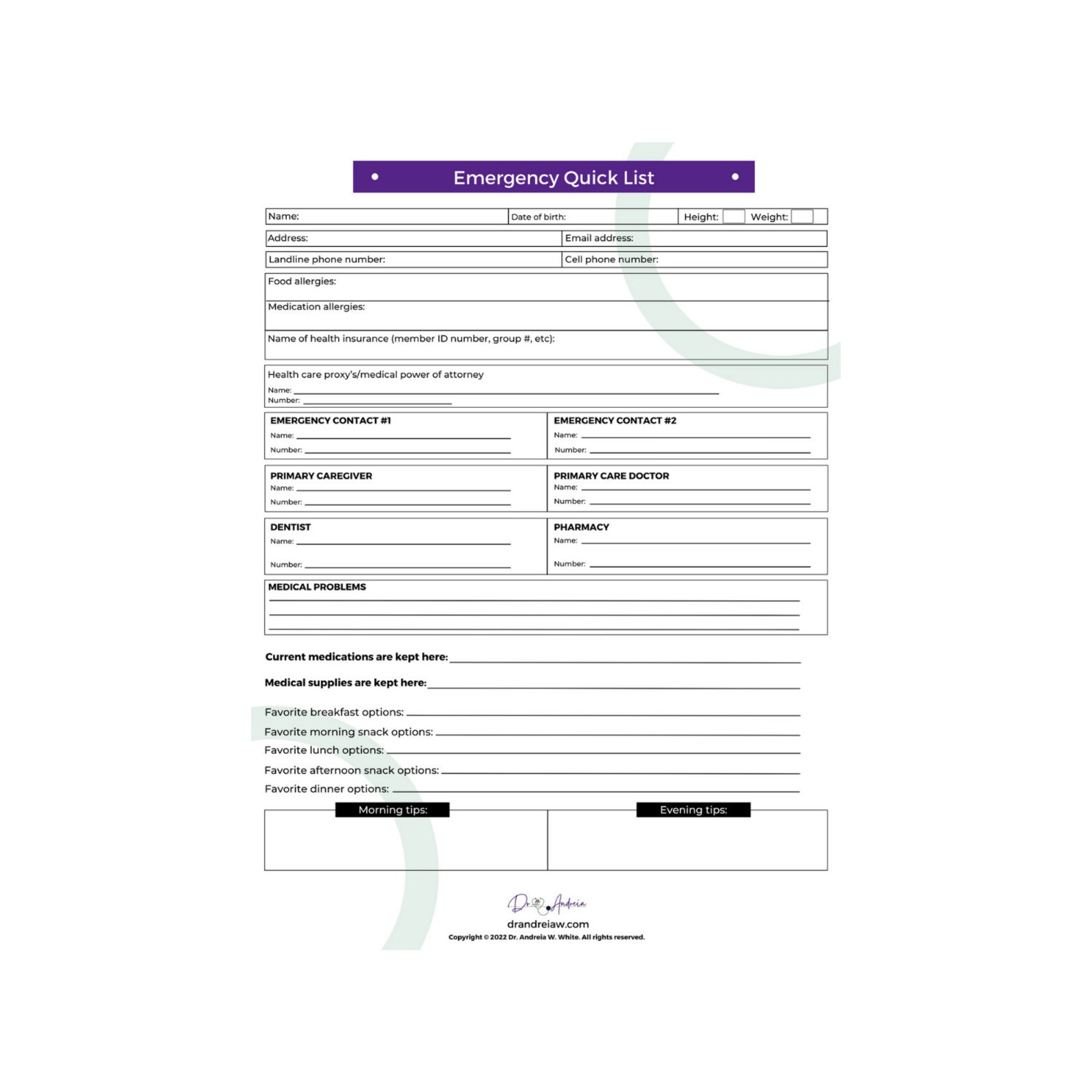 Emergency Information Sheet L Emergency Contact Sheet for Caregiver L ...