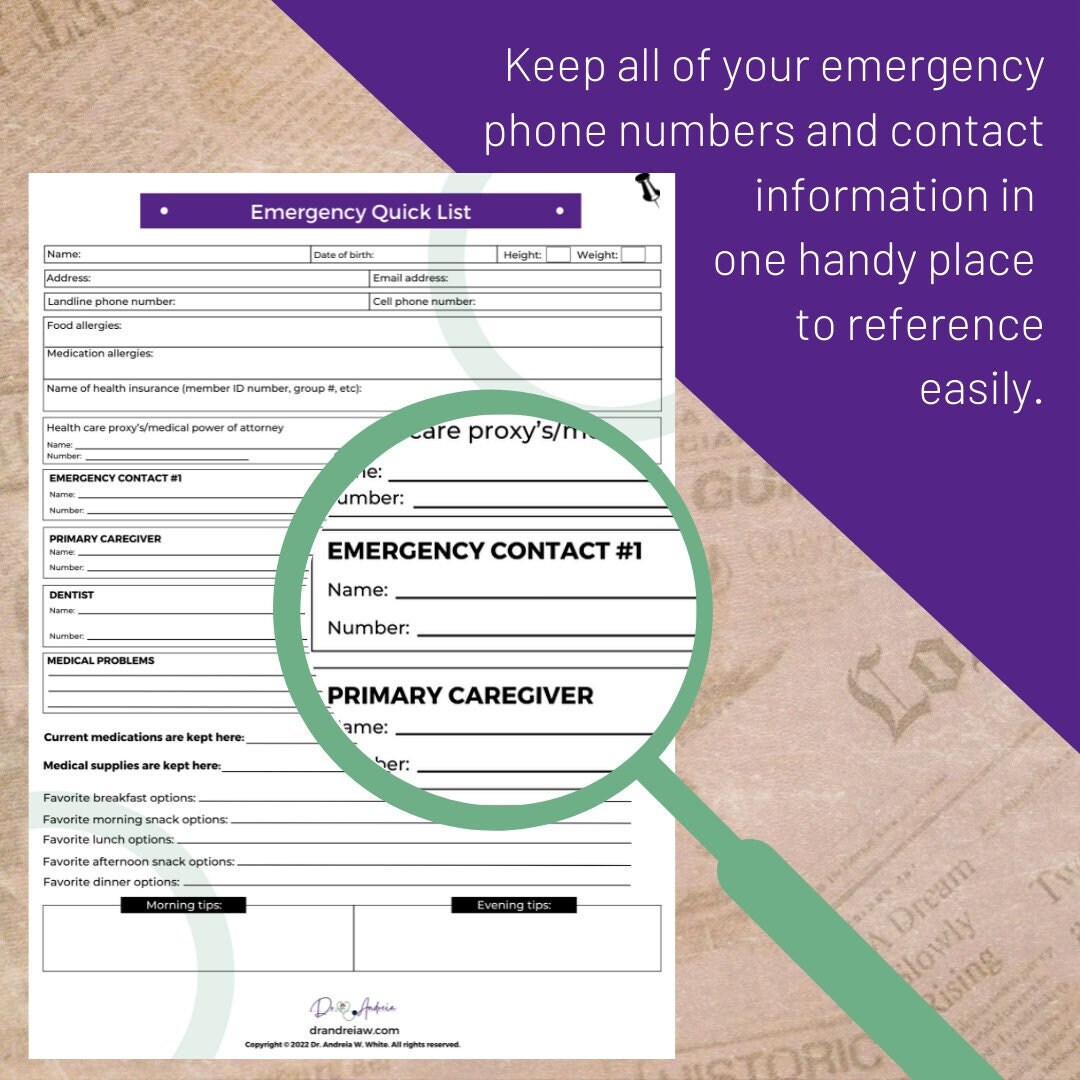 Emergency Information Sheet L Emergency Contact Sheet for Caregiver L ...