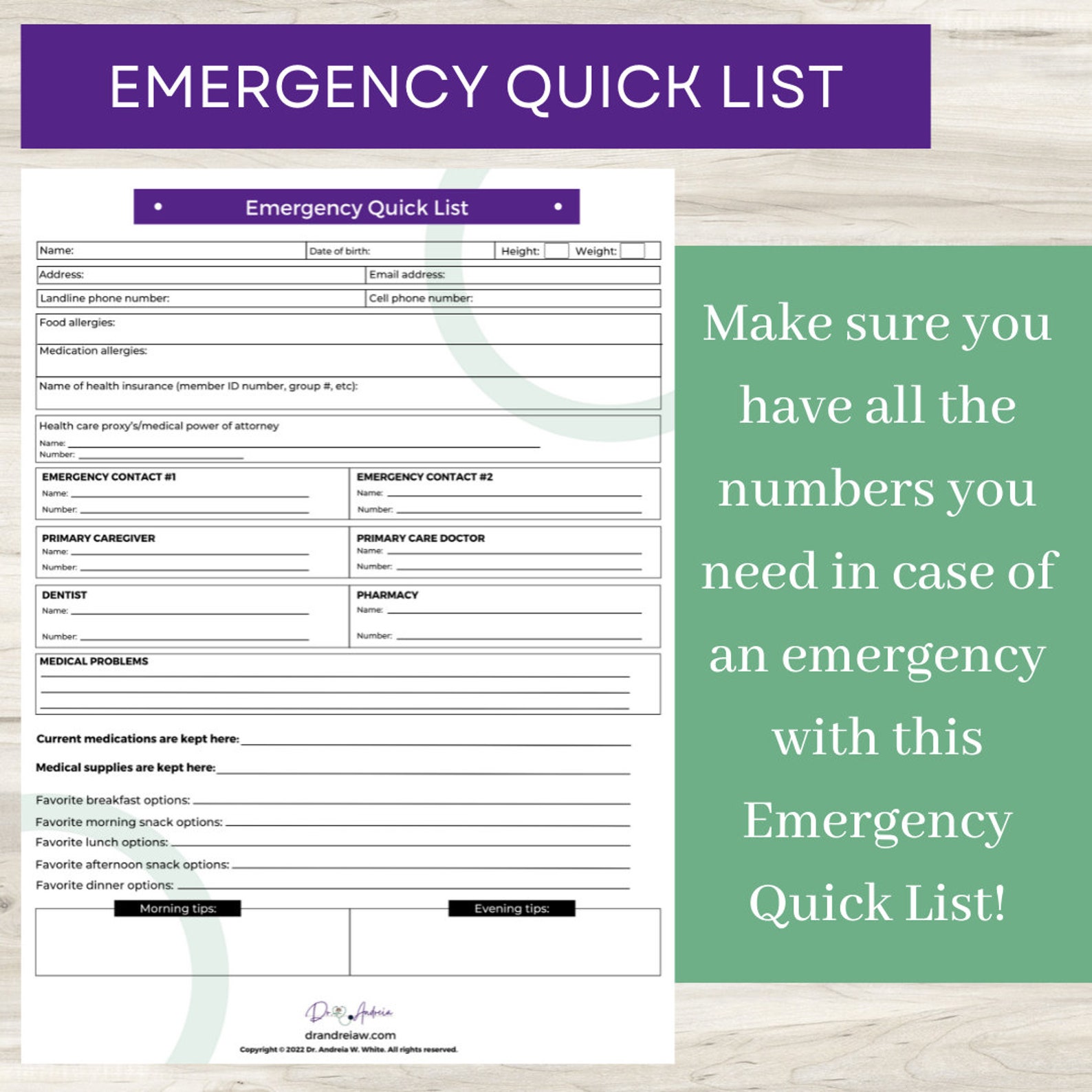 Emergency Information Sheet L Emergency Contact Sheet for Caregiver L ...
