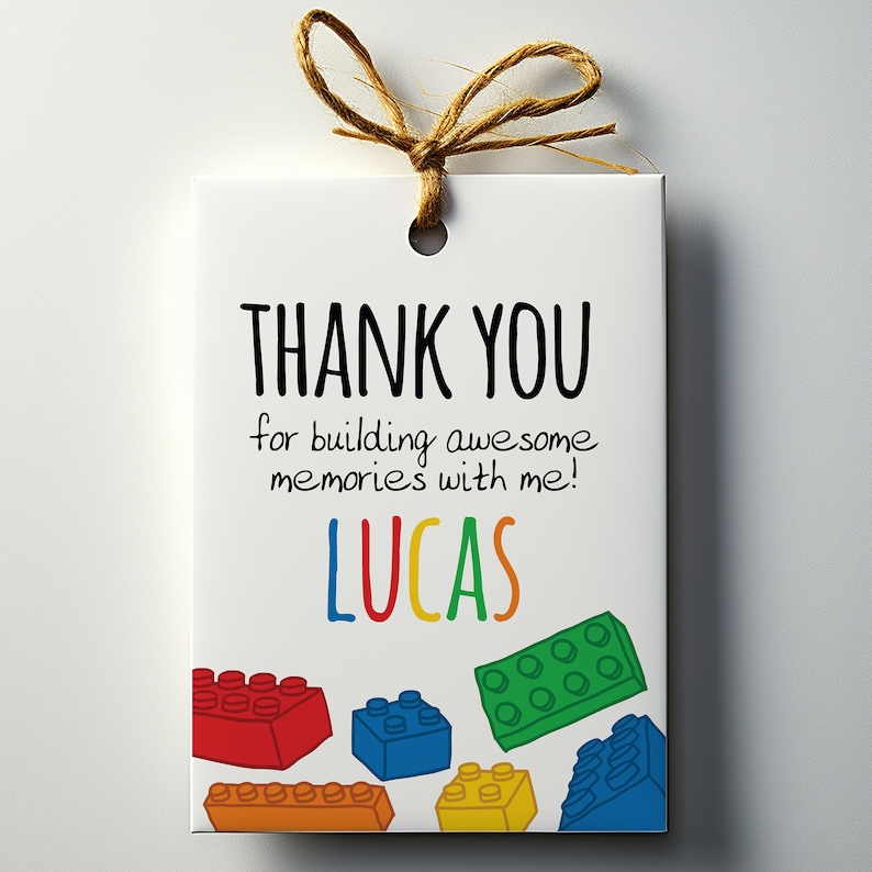 Colourful Bricks Thank You Labels for Birthday Decor, Custom Name Thank ...