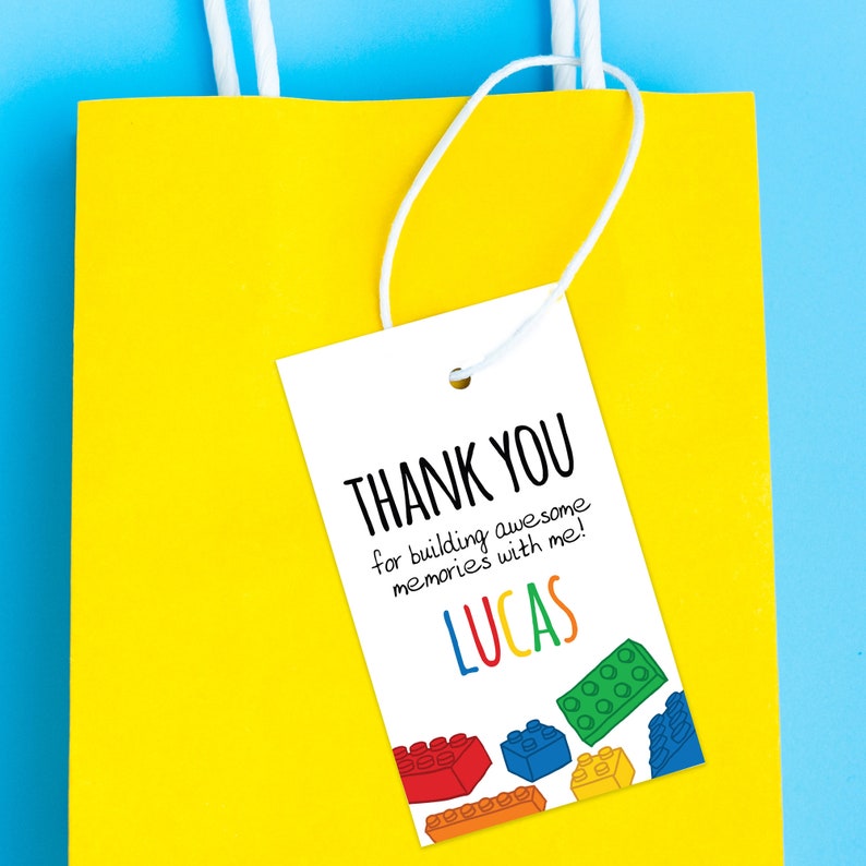 Colourful Bricks Thank You Labels for Birthday Decor, Custom Name Thank ...