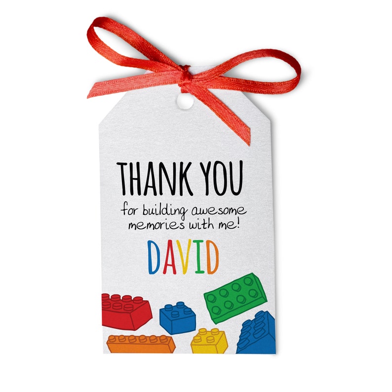 Colourful Bricks Thank You Labels for Birthday Decor, Custom Name Thank ...