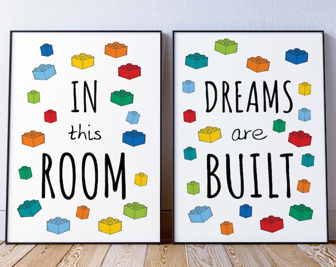 2 X Colourful Bricks Art Print Set, Game Room Decor Poster, Kids Room ...