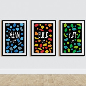 3 X Colourful Bricks Art Print Set, Game Room Decor Poster, Kids Room ...