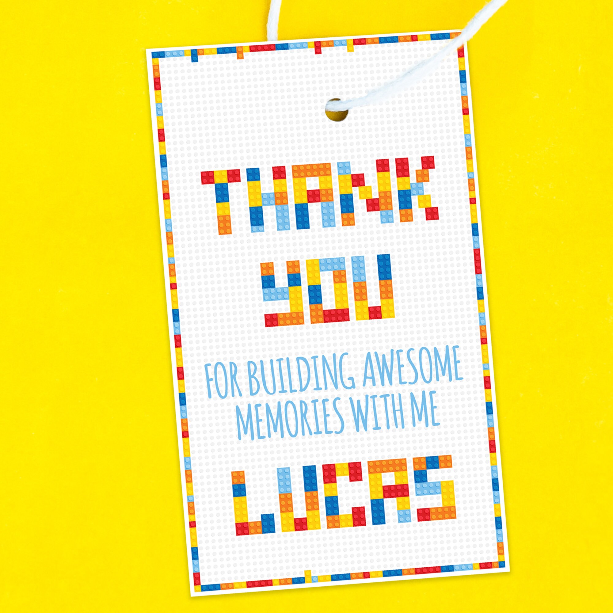 Custom Name Thank You Gift Tag, Printable Building Bricks Thank You Tag ...