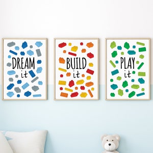 3 X Colourful Bricks Art Print Set, Game Room Decor Poster, Kids Room ...
