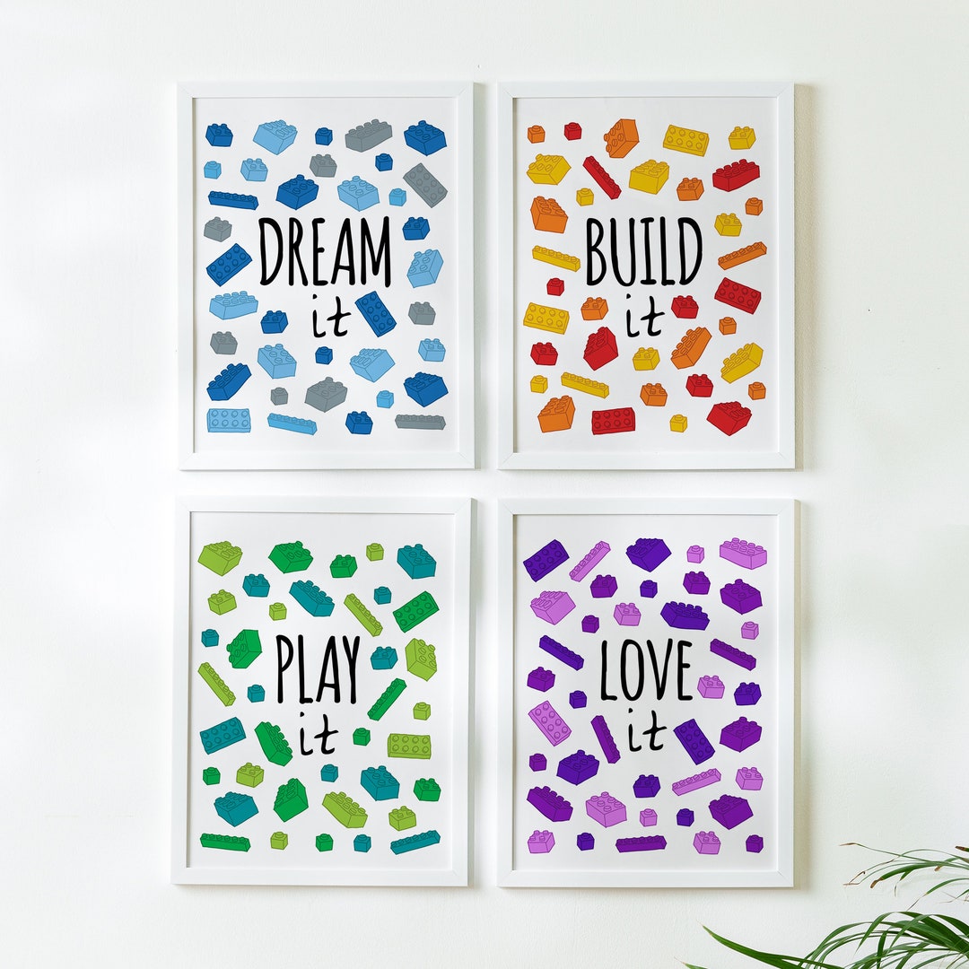 Colorful Bricks Art Print Set: 4x Kids Room Decor, Dream Build Play ...