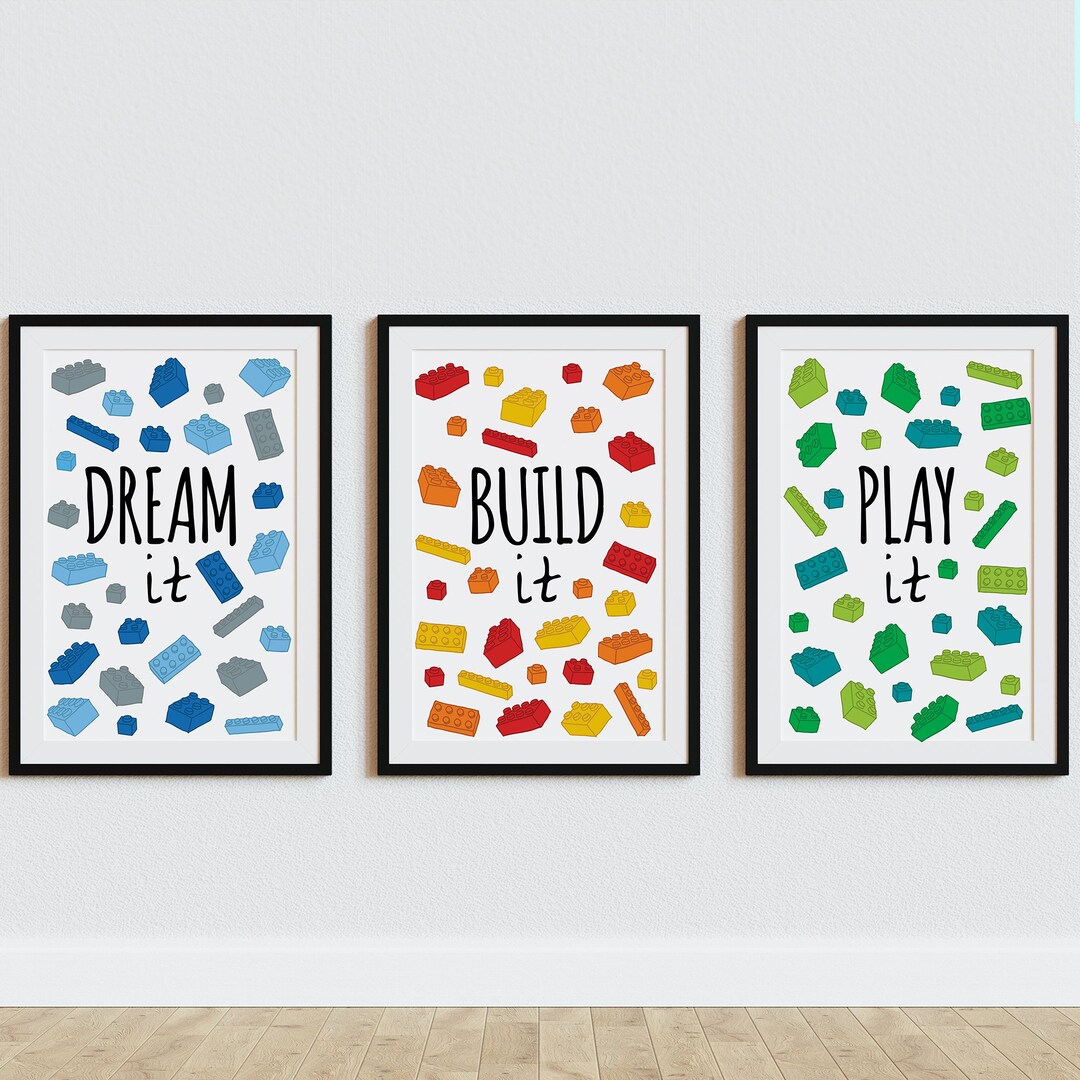 3 X Colourful Bricks Art Print Set, Game Room Decor Poster, Kids Room ...