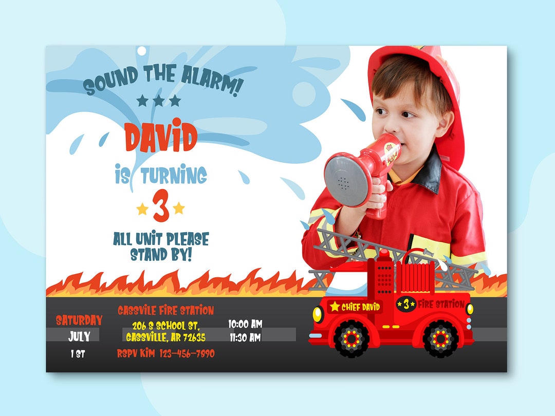 Fireman Theme Custom Birthday Party Invitation, Firefighter Custom Name ...