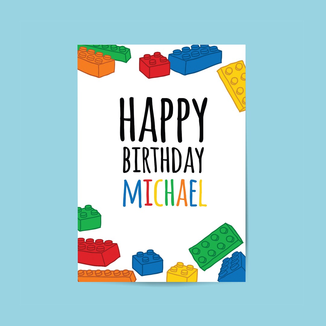 Colourful Bricks Custom Name Birthday Card, Printable Happy Birthday ...