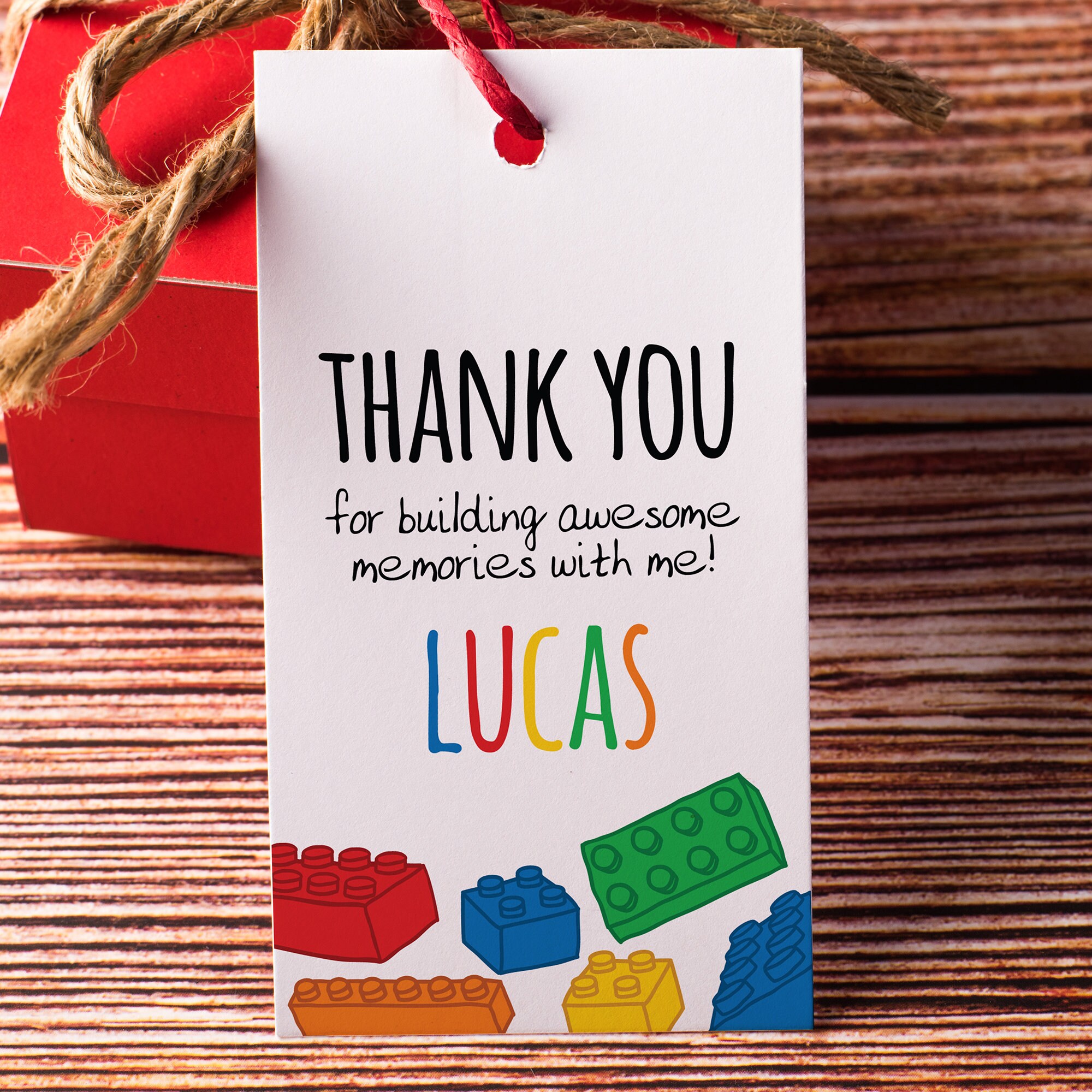 Colourful Bricks Thank You Labels for Birthday Decor, Custom Name Thank ...