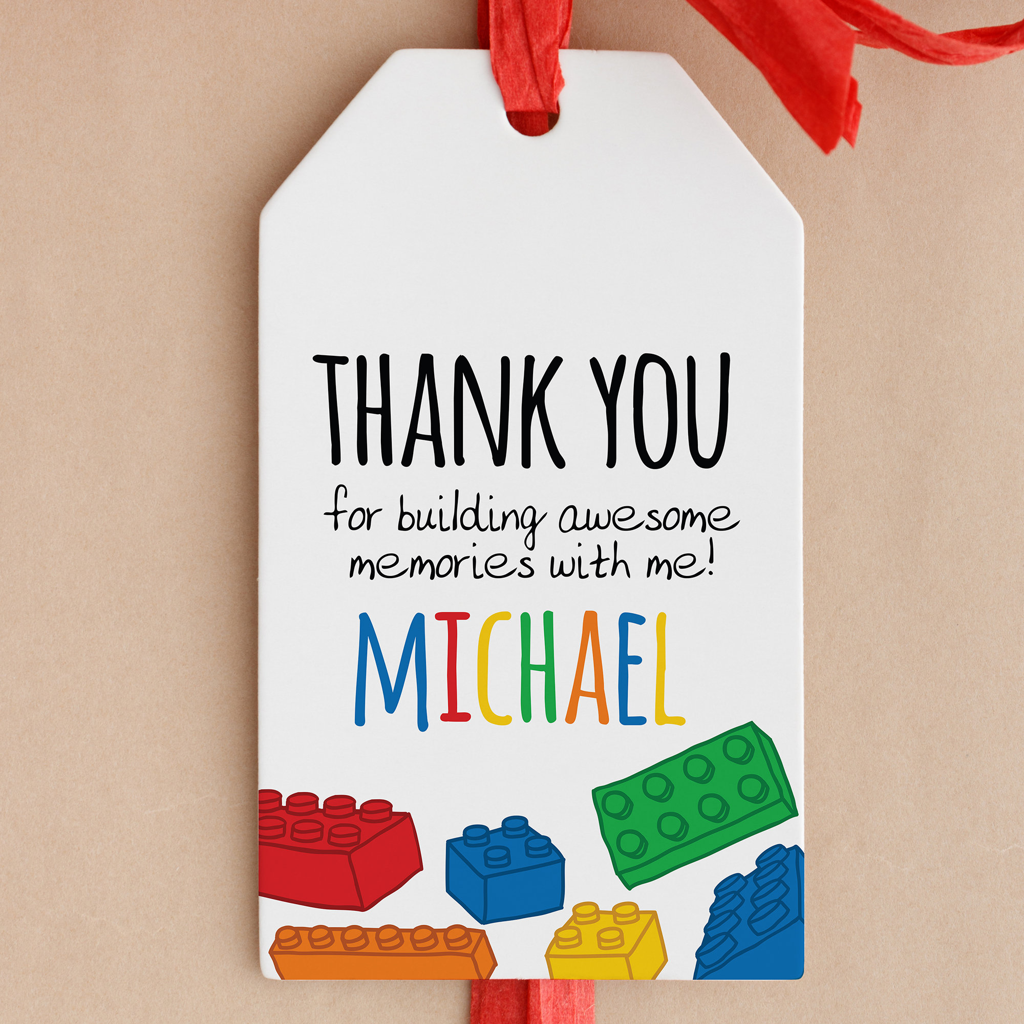 Colourful Bricks Thank You Labels for Birthday Decor, Custom Name Thank ...