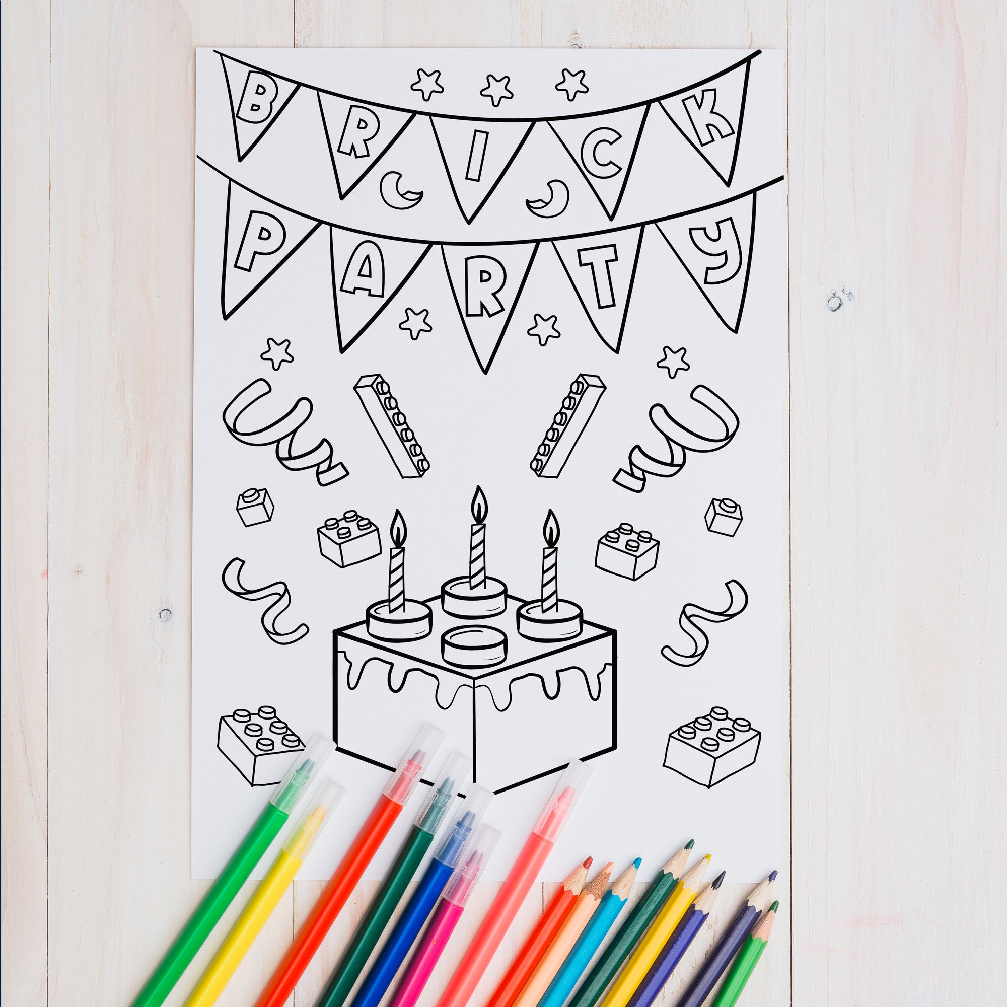 3x Birthday Party Coloring Sheets, Brick Theme B-day Activity, Kid's B ...