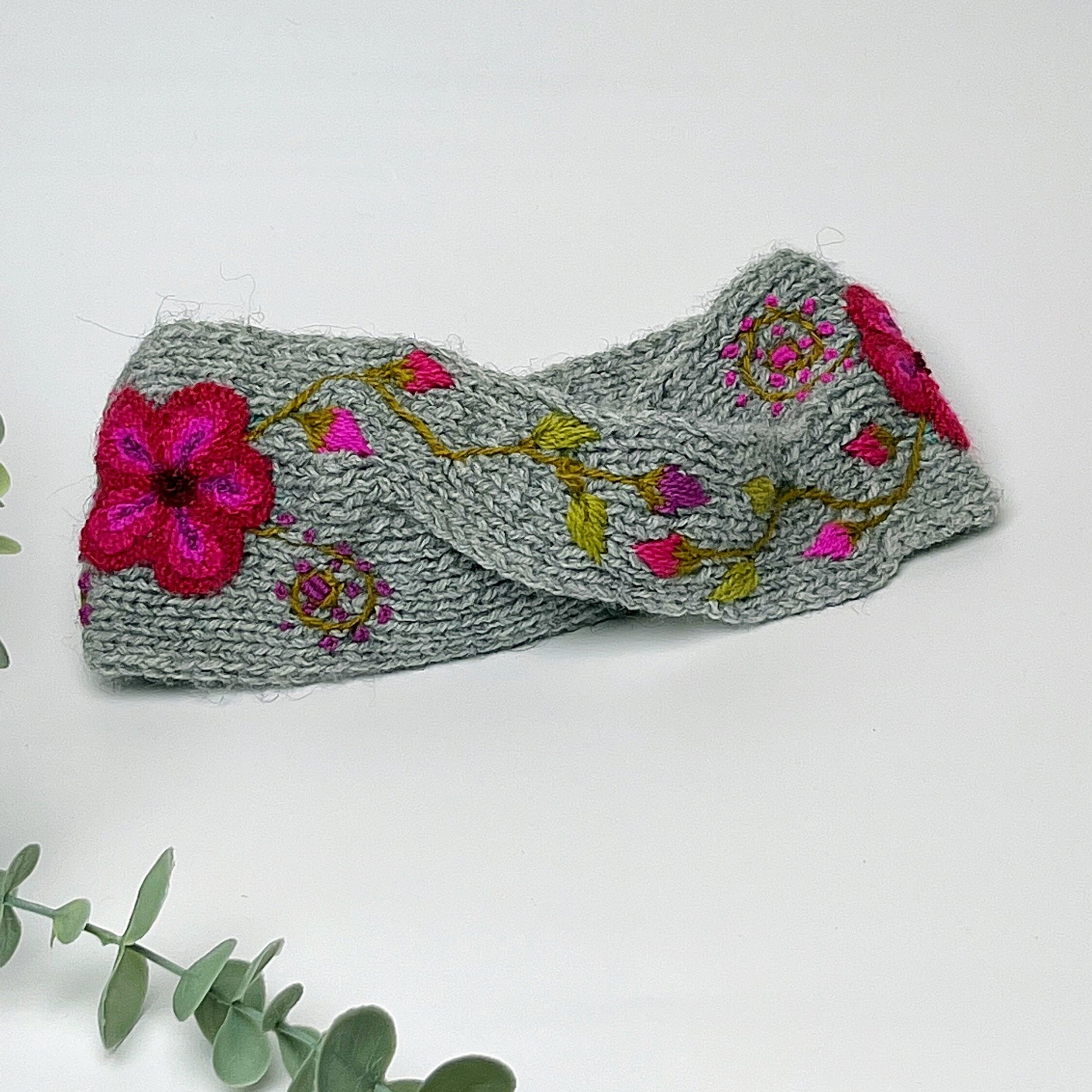 Hand Knitted Artisanal Wool Ear Warmer: Margarita Embroidered Floral ...