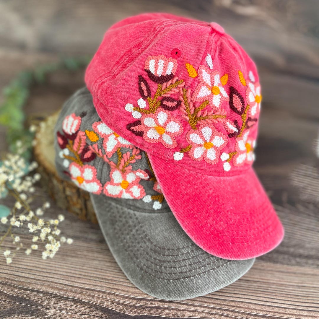 Blossoms Hand Embroidered Cap, Hand Embroidered Floral Hat, Embroidered ...