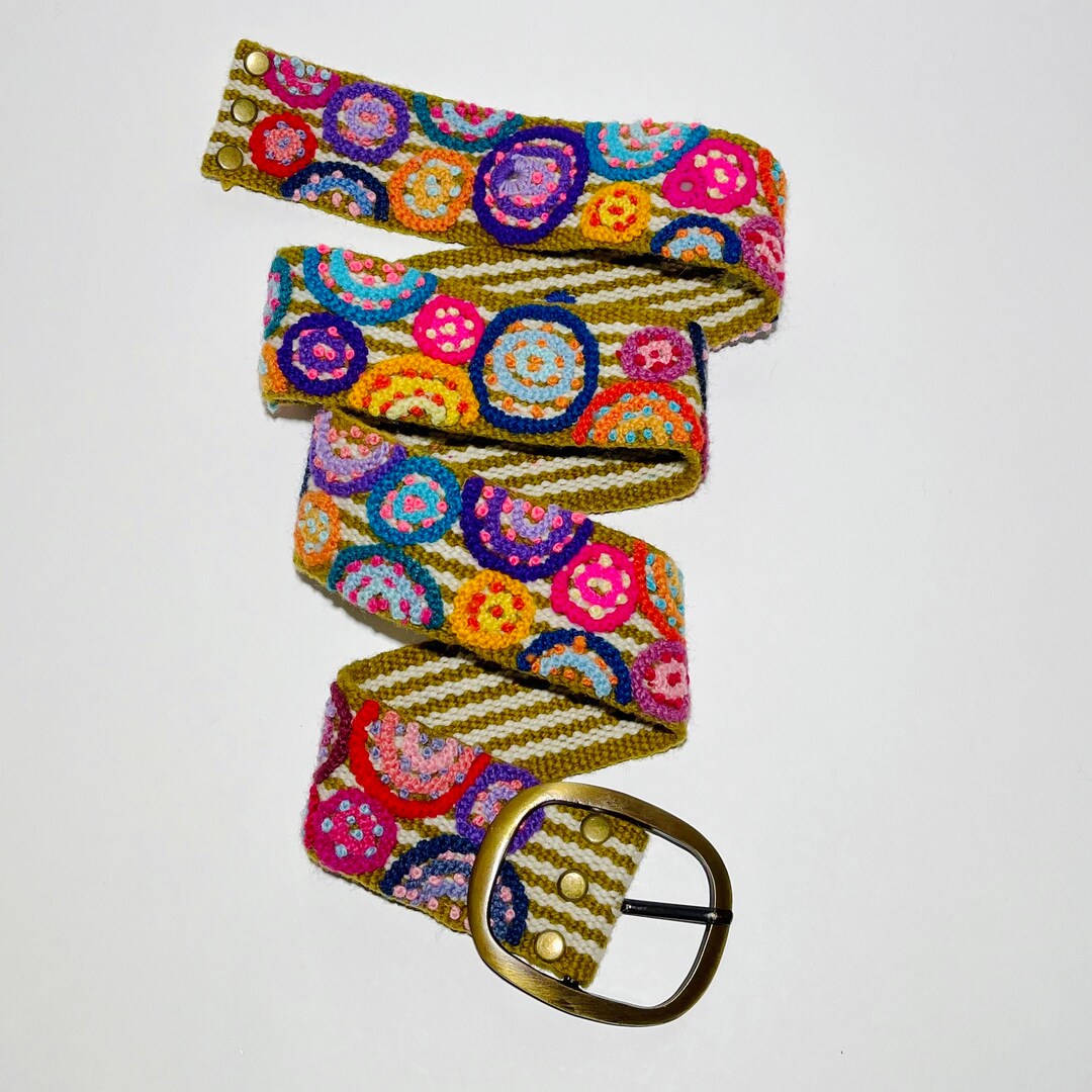 Embroidered Stripes Belt Circles Moss Stripes, Ethnic Boho, Peruvian ...