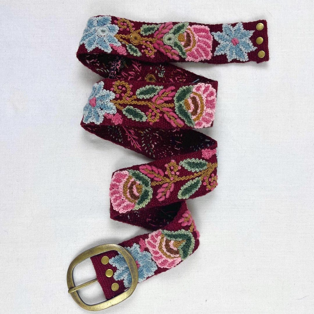 Hand-embroidered Wool Belt: Burgundy Anabel Floral Alpaca Yarn - Etsy