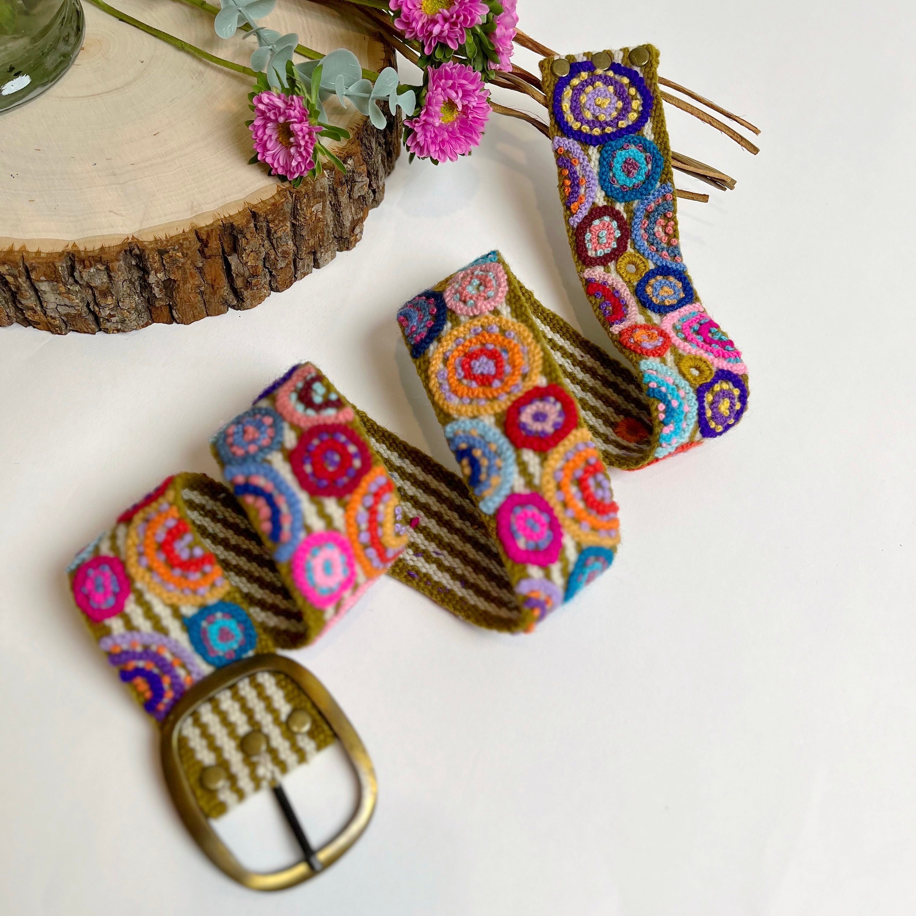 Embroidered Stripes Belt Circles Moss Stripes, Ethnic Boho, Peruvian ...