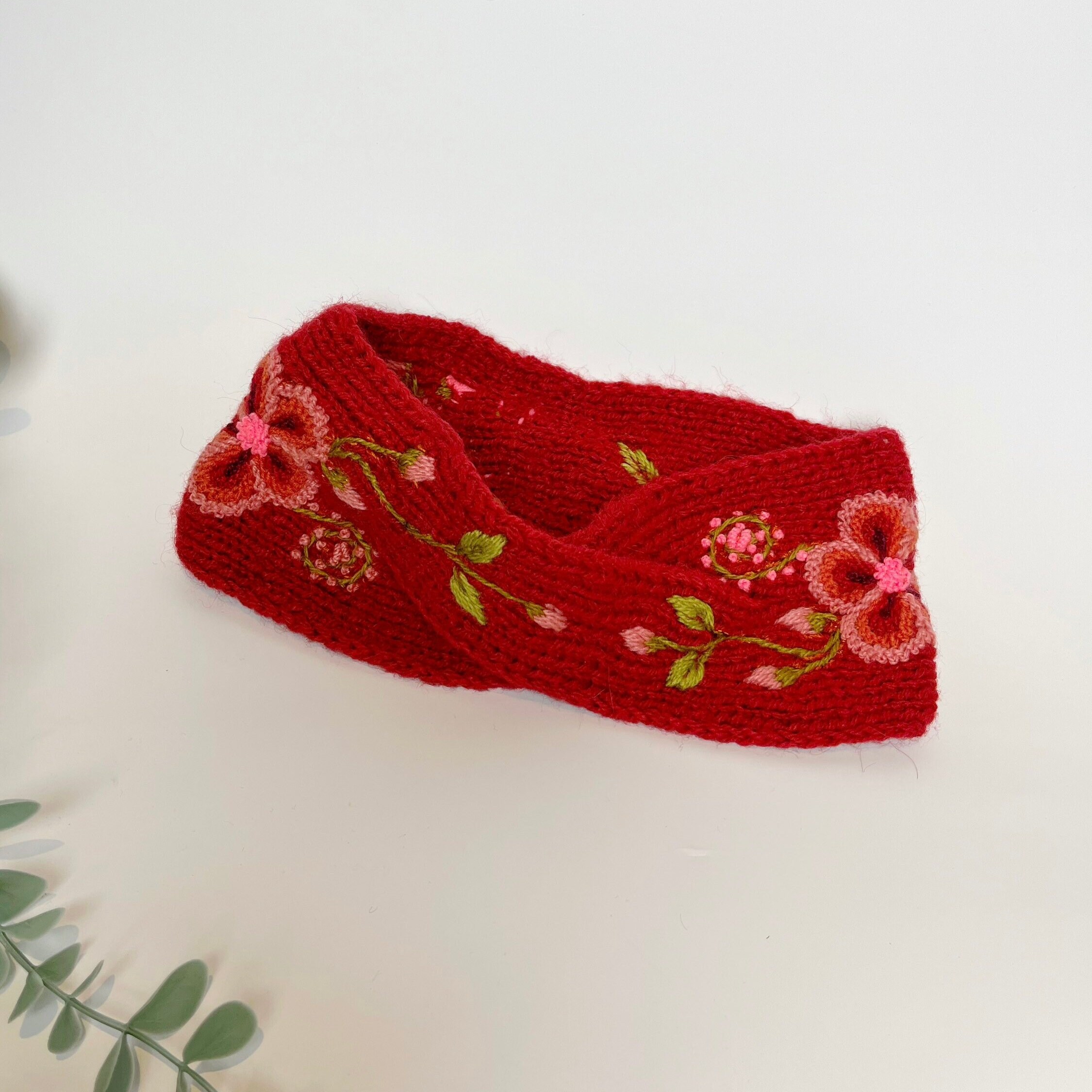 Hand Knitted Artisanal Wool Ear Warmer: Margarita Embroidered Floral ...