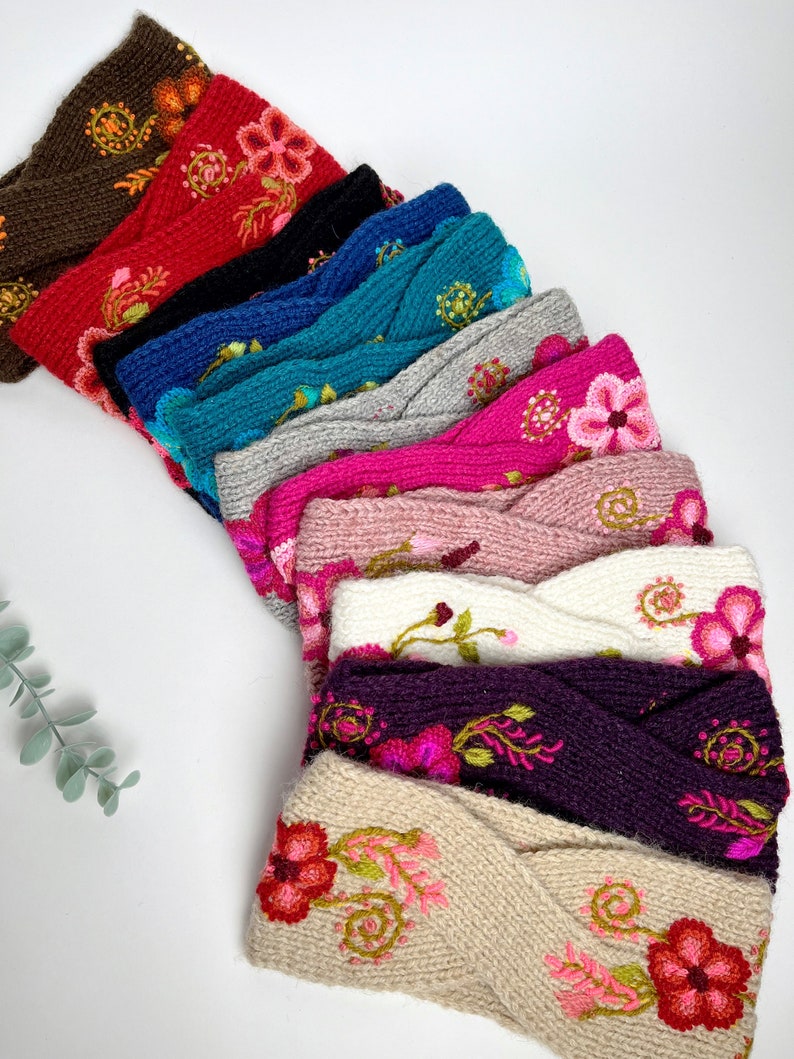 Hand Knitted Artisanal Wool Ear Warmer: Margarita Embroidered Floral ...