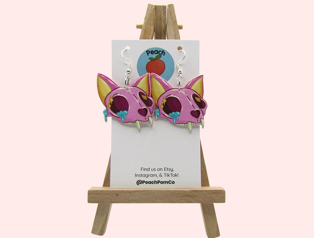 Pink Cat Skull Sterling Silver Acrylic Earrings - Etsy
