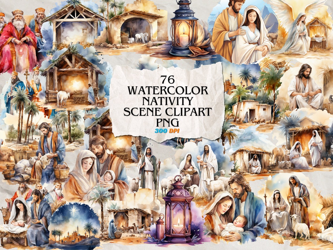 Watercolor Nativity Scene Clipart Set With Baby Jesus, Bible, Manger ...