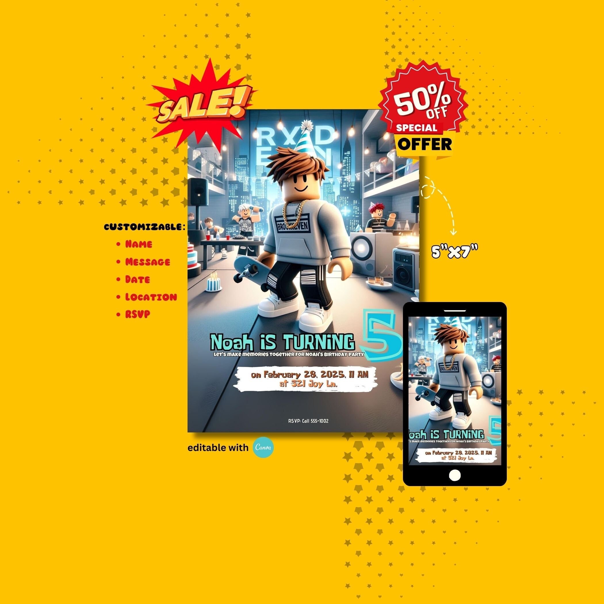 Skater Roblox Invitation, Roblox Boy Birthday, Roblox Invite, Game ...