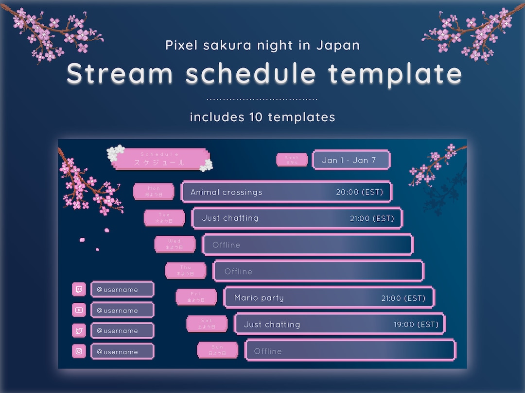 Stream Schedule Template - Pixel Sakura Night in Japan | Twitch Social ...