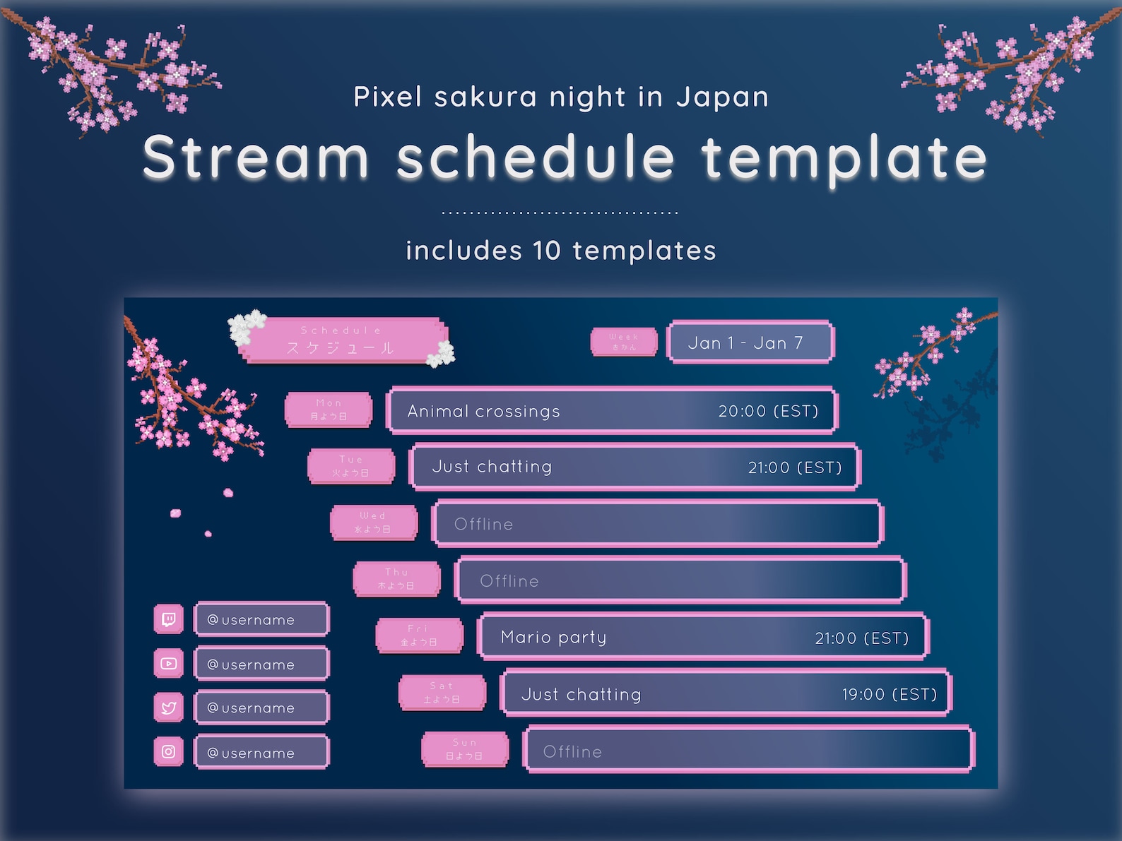 Stream Plan Vorlage - Pixel Sakura Nacht in Japan | Twitch Social Media ...