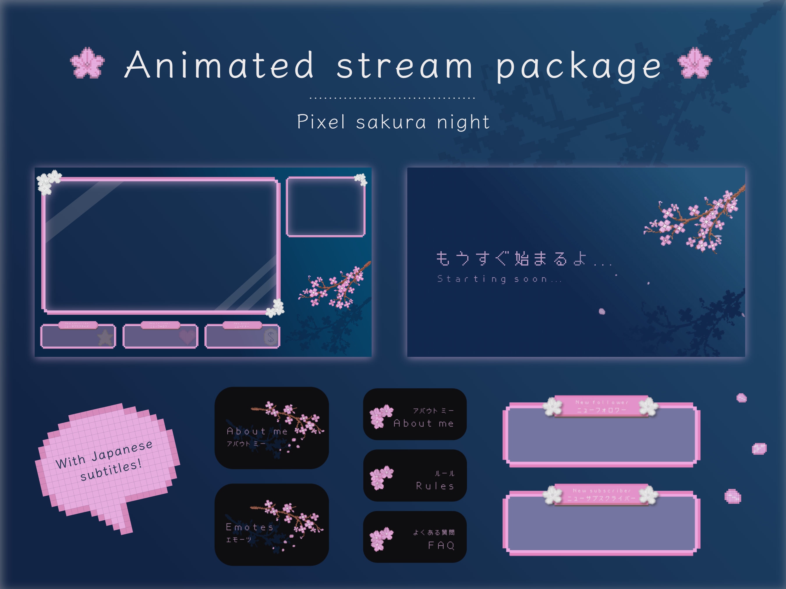 Twitch Overlay Package - Pixel Sakura Night in Japan | Twitch Panels ...
