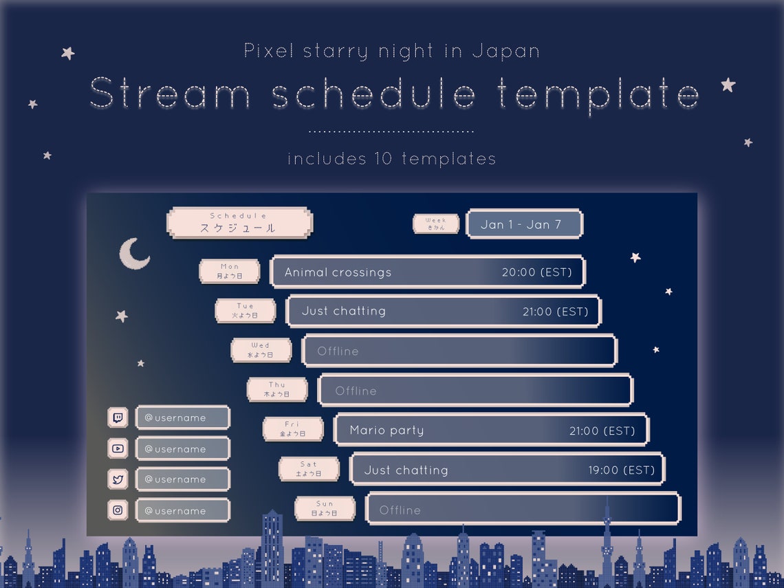 Stream Schedule Template - Pixel Starry Night in Japan | Twitch Social ...