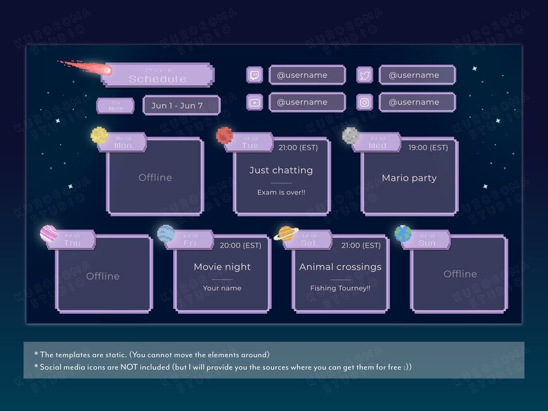Stream Schedule Template - Pixel Galaxy Theme | Twitch Social Media ...