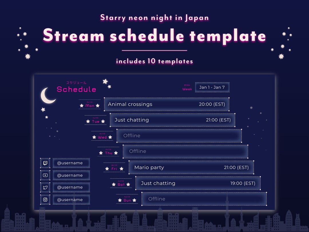 Stream Schedule Template - Starry Neon Night in Japan | Twitch Social ...